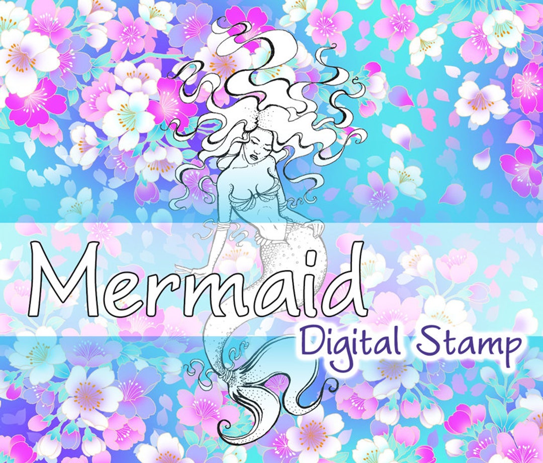 Mermaid Digital Stamp Princess Printable Digi Card Coloring Page Book ...