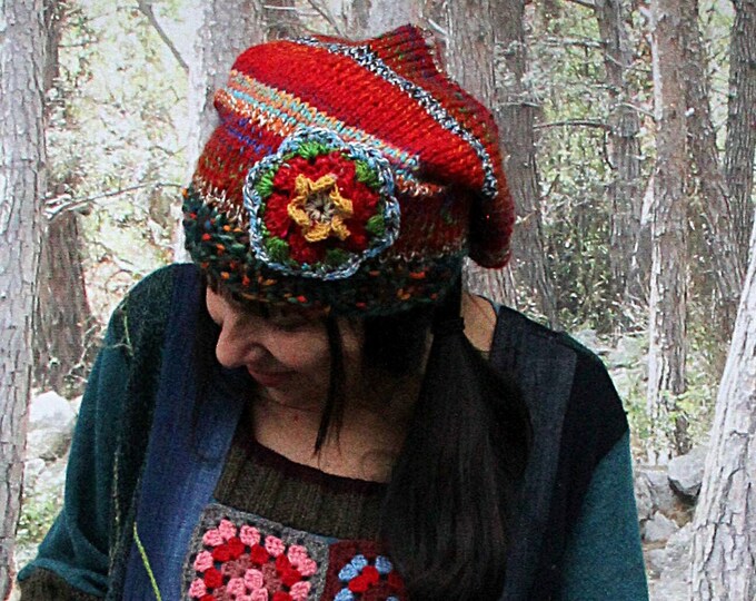Crazy Hand Knitted Crochet Appliqued Slouch Hat Beanie Hat Hippie Boho ...