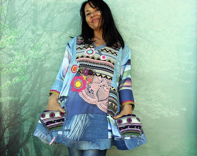Plus Size L-XXL Romantic Floral Crochet Pastel Ethnic Patteren Blue ...