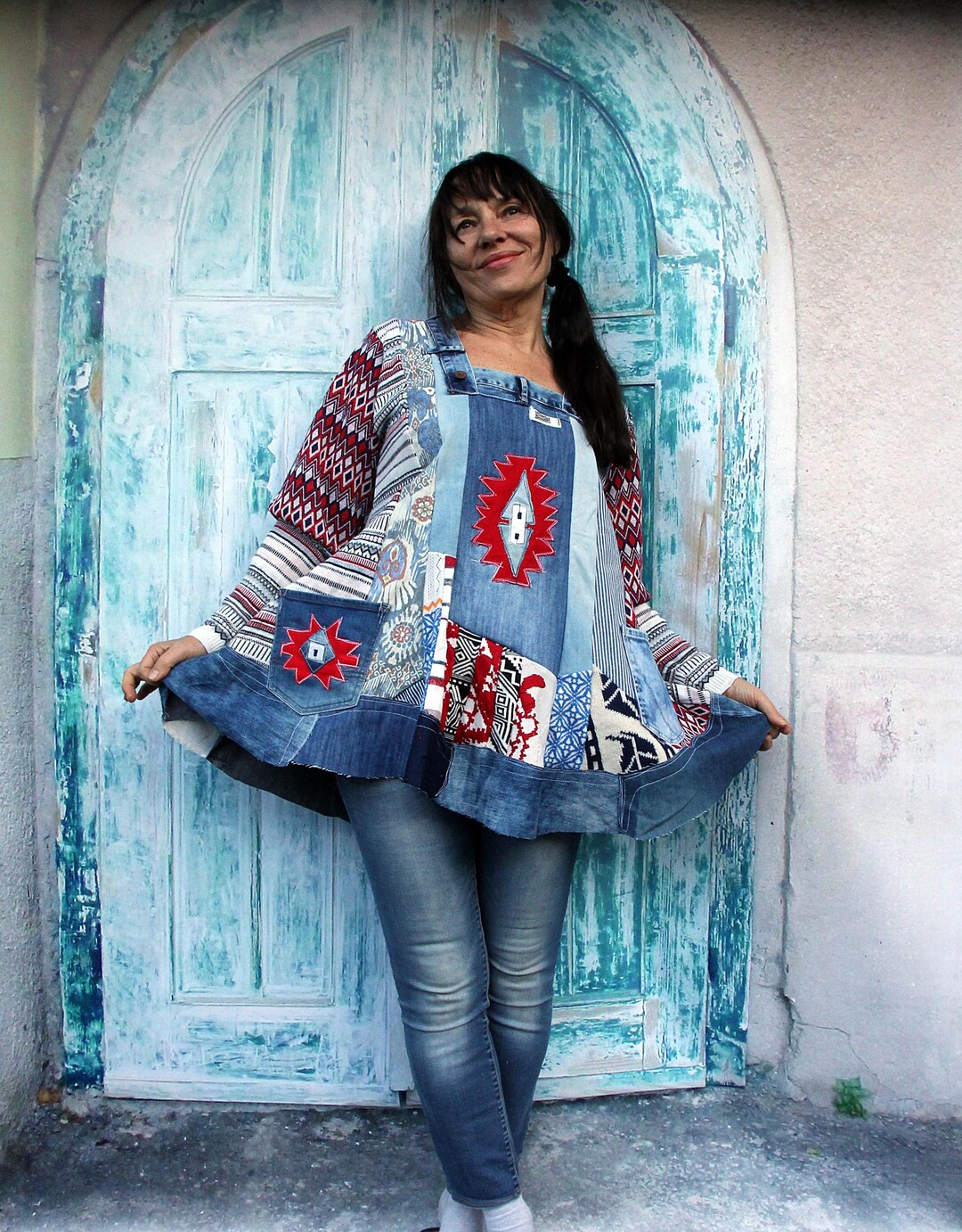 L Ethno Ethnic Native American Sweaters and Blue Denim Appliqued ...
