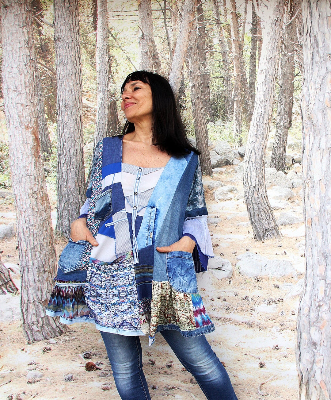 L-XL Crazy Denim Fantasy Patchwork Tunic Top Funny Pockets Recycled ...
