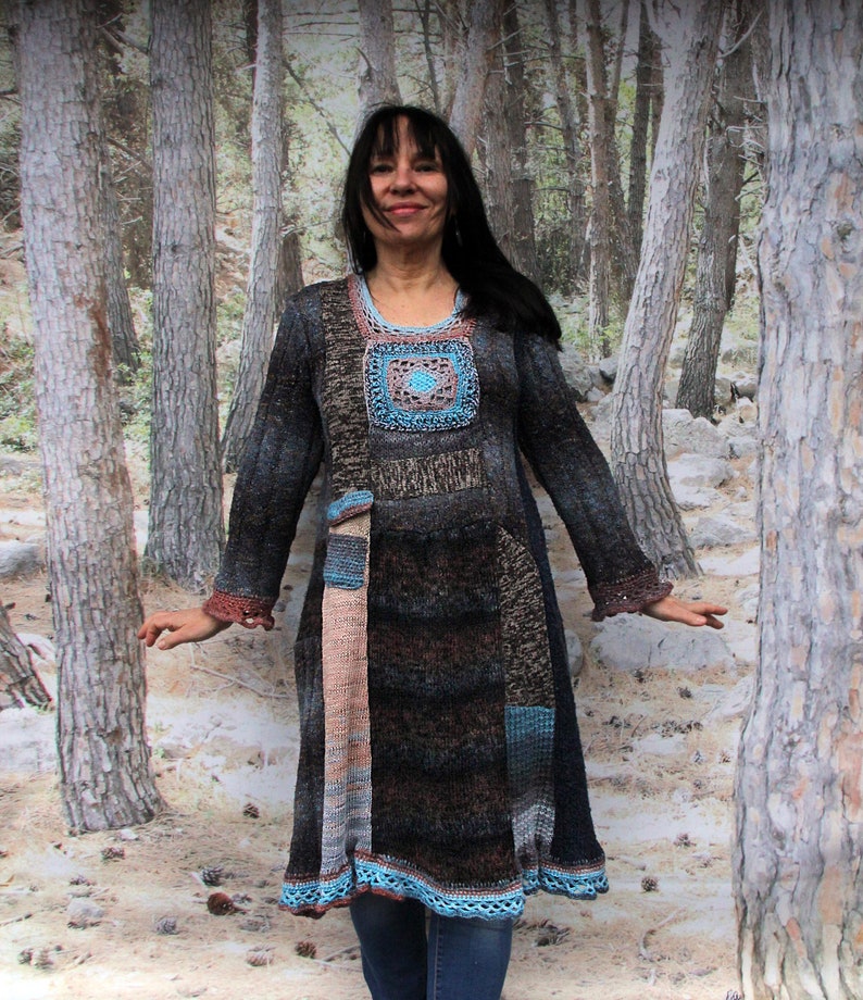 Patchwork Wool Tunic Dress: Hand Knit Boho Lagenlook Sweater - Etsy