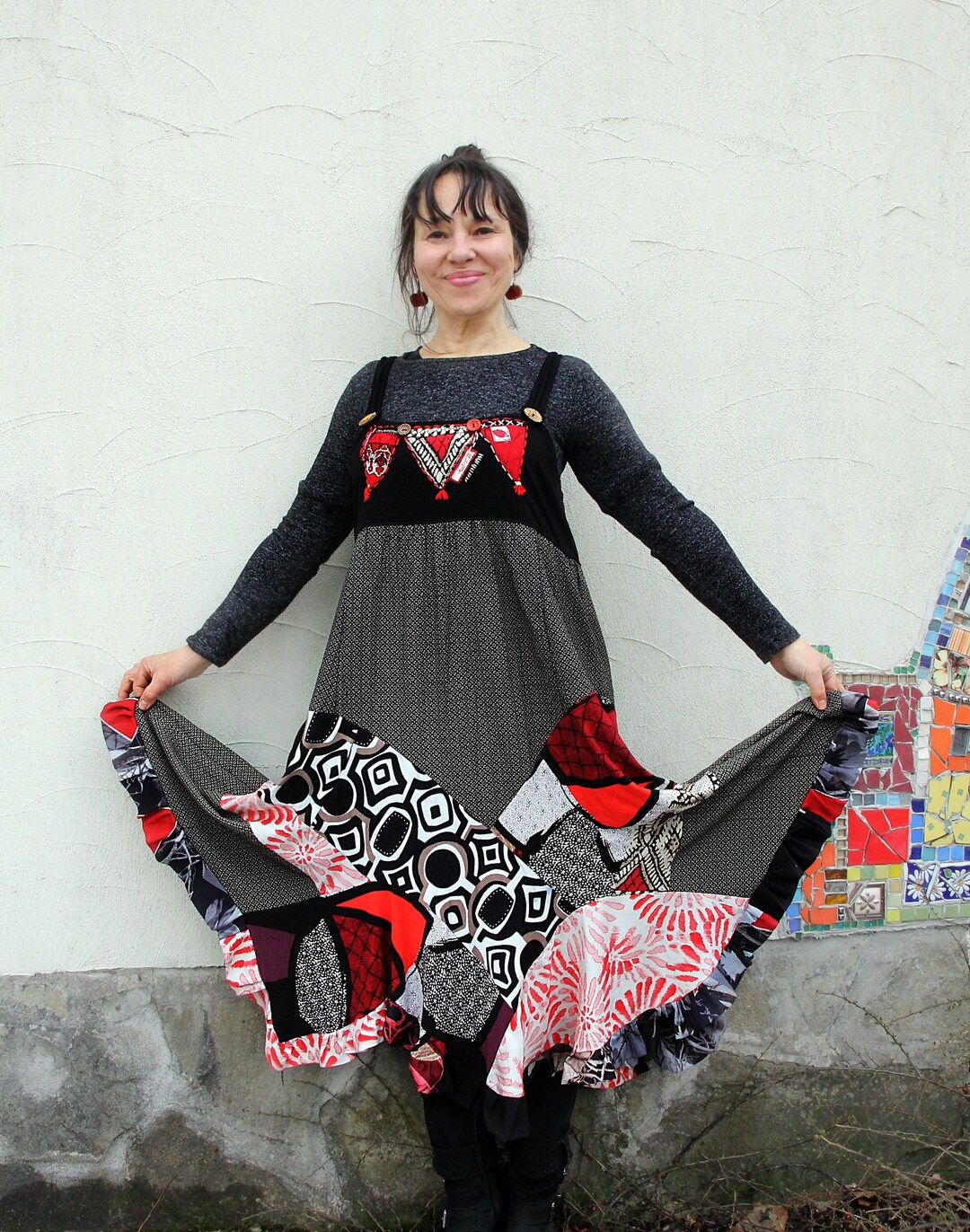 L-L/XL Fantasy Suspender Dress Appliqued Patchwork Folk Ethno Hippie ...