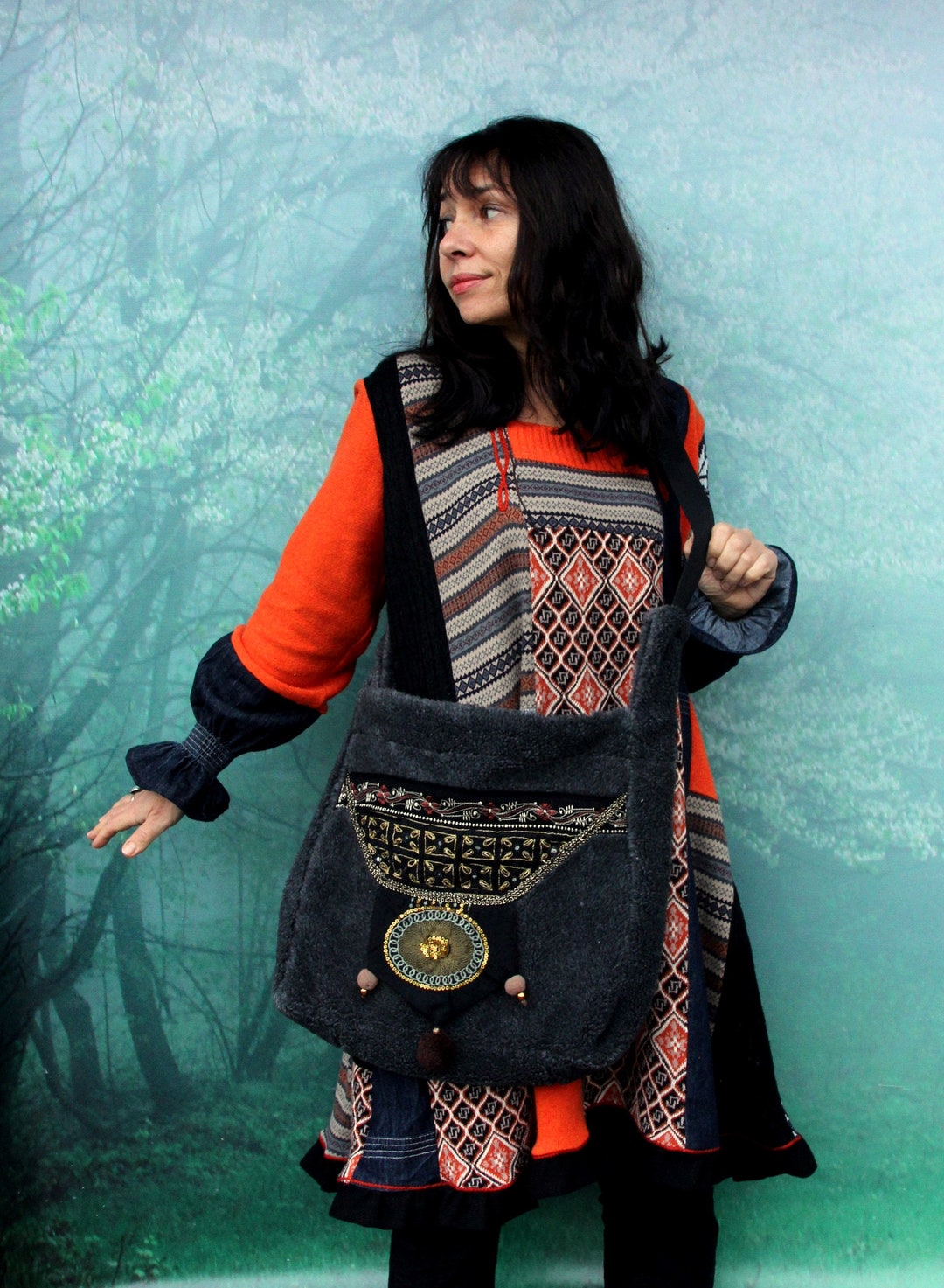 Crazy Fantasy Artificial Fur and Embroidered India Sari Hippie Bag ...