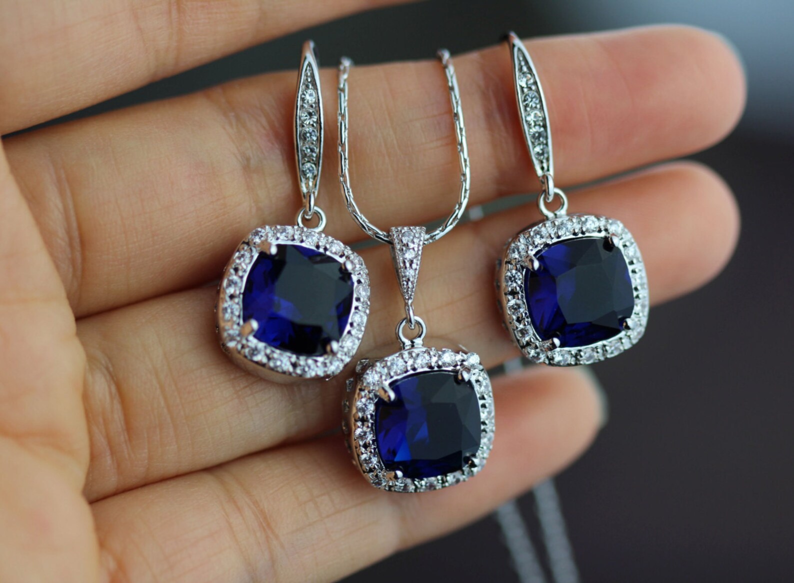Sapphire Blue Bridal Jewelry Set Earring Necklace Set Blue - Etsy