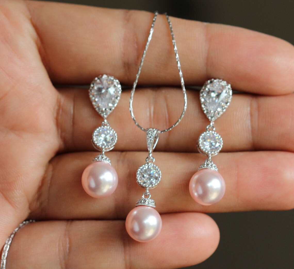 Pink bridal set pink pearl bridal jewelry pearl bridal jewelry | Etsy