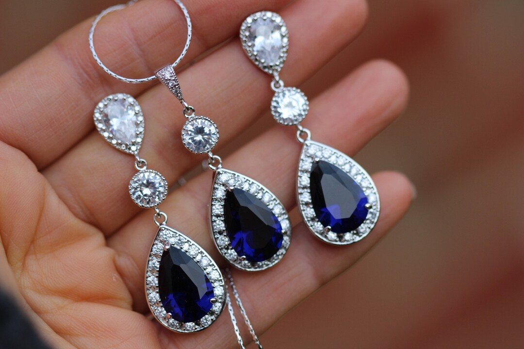 Blue Earring Necklace Set Bridal Sapphire Jewelry Set Blue Wedding ...