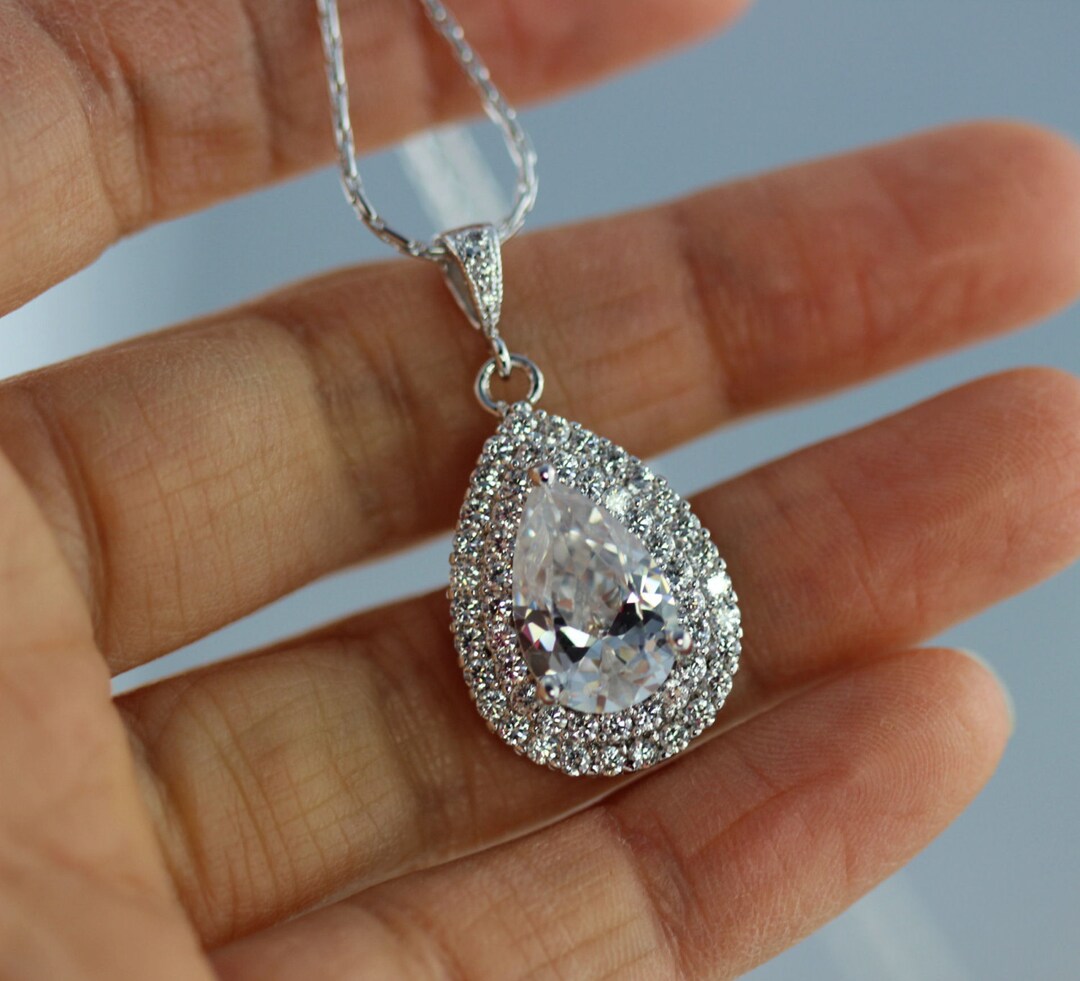 Clear Zirconia Necklace , Zirconia Bridal Necklace Wedding Necklace ...