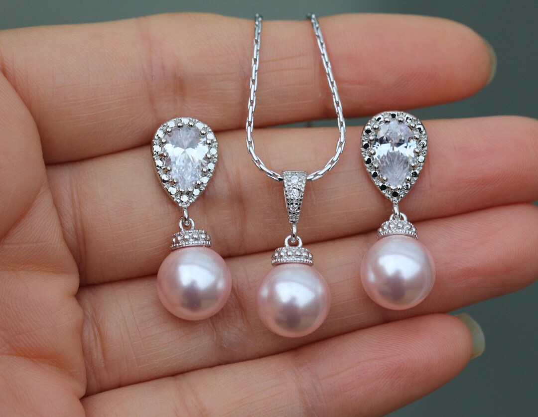 Blush Pink Pearl Set Pink Jewelry Set Bridal Pearl Jewelry Set - Etsy