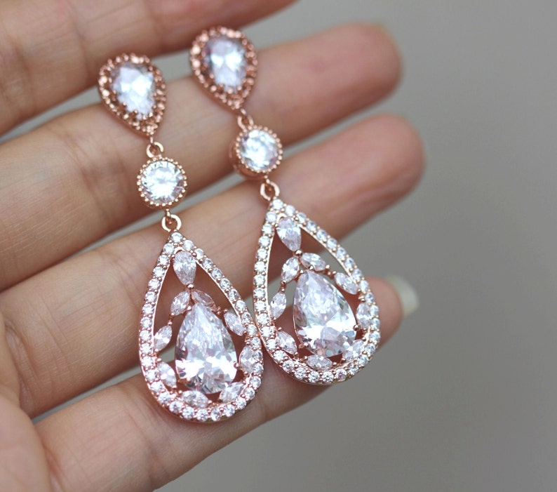 Long Zirconia Rose Gold Earring Bridal Earrings Wedding - Etsy