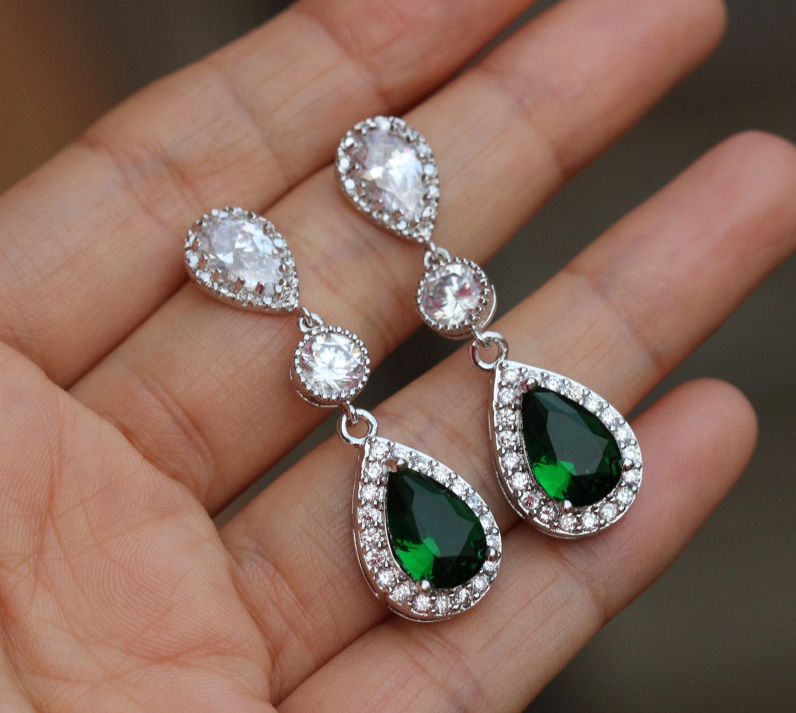Emerald Green Earring Dangle Wedding Earrings Wedding Jewelry - Etsy