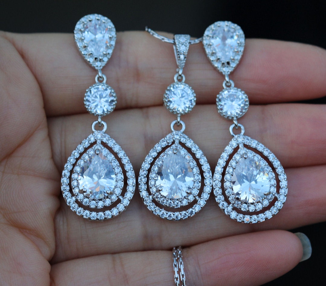 Silver Necklace Earring Set Bridal Jewelry Set Wedding Set Earring ...