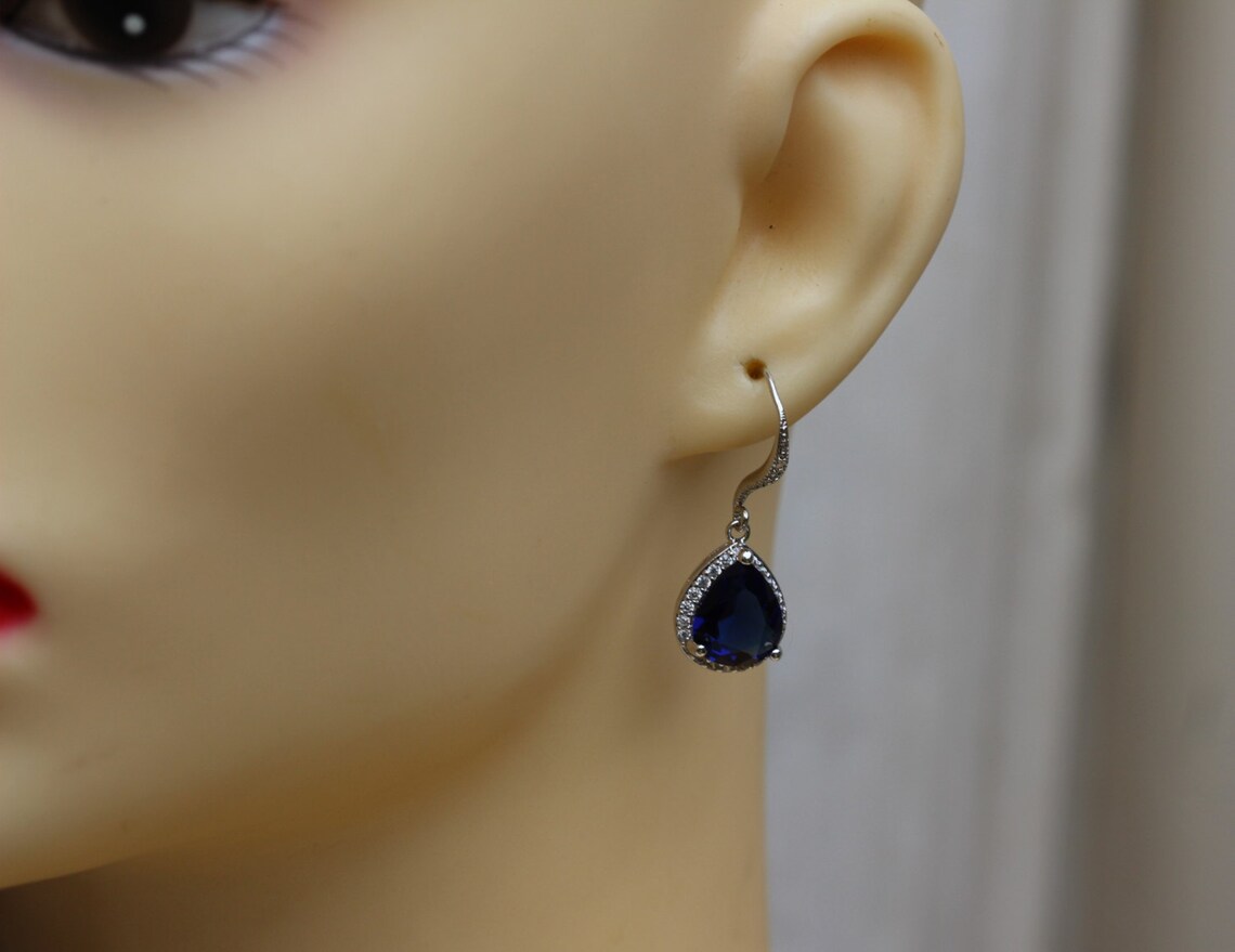 Dark Sapphire Blue Earring Cz Sapphire Earring Drop | Etsy UK