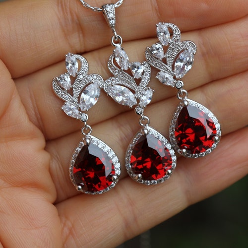 Red Bridal Jewelry Set Necklace and Earrings Ruby Red - Etsy