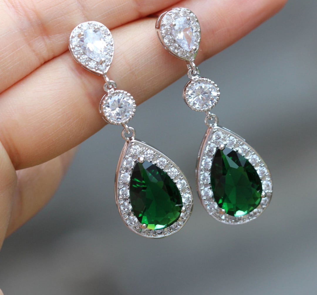 Emerald Green Earrings , Bridal Green Jewelry , Wedding Earring , Drop ...