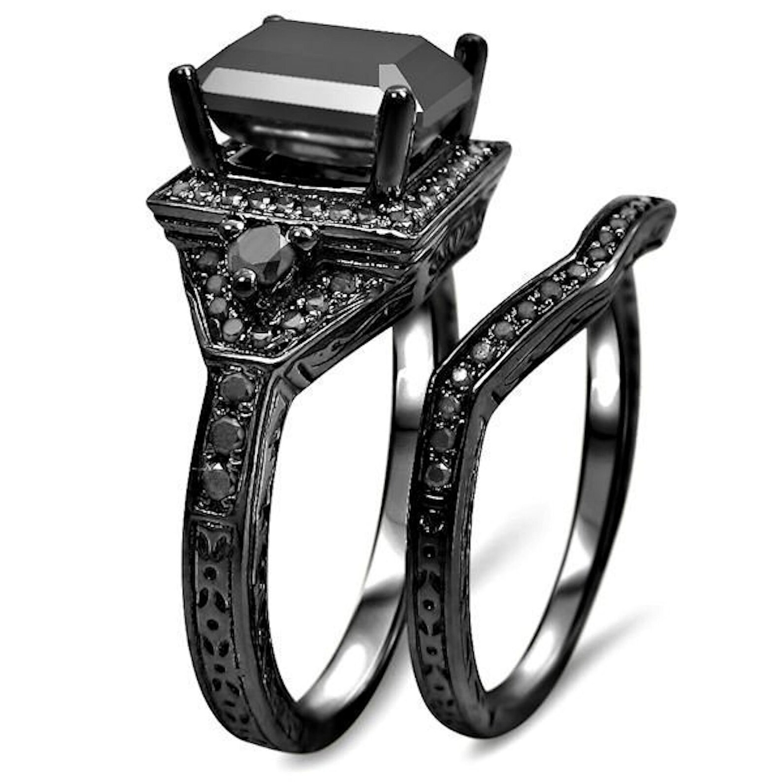 2.40ct Black Emerald Cut Diamond Engagement Ring Bridal Set | Etsy