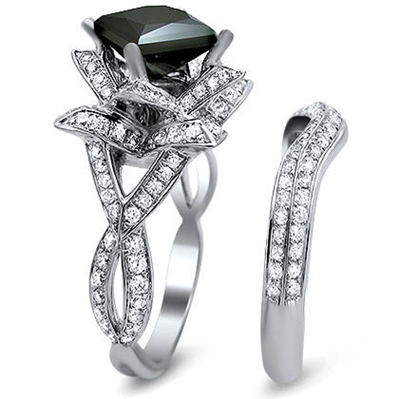 3.05ct Black Princess Cut Diamond Lotus Flower Engagement Ring - Etsy