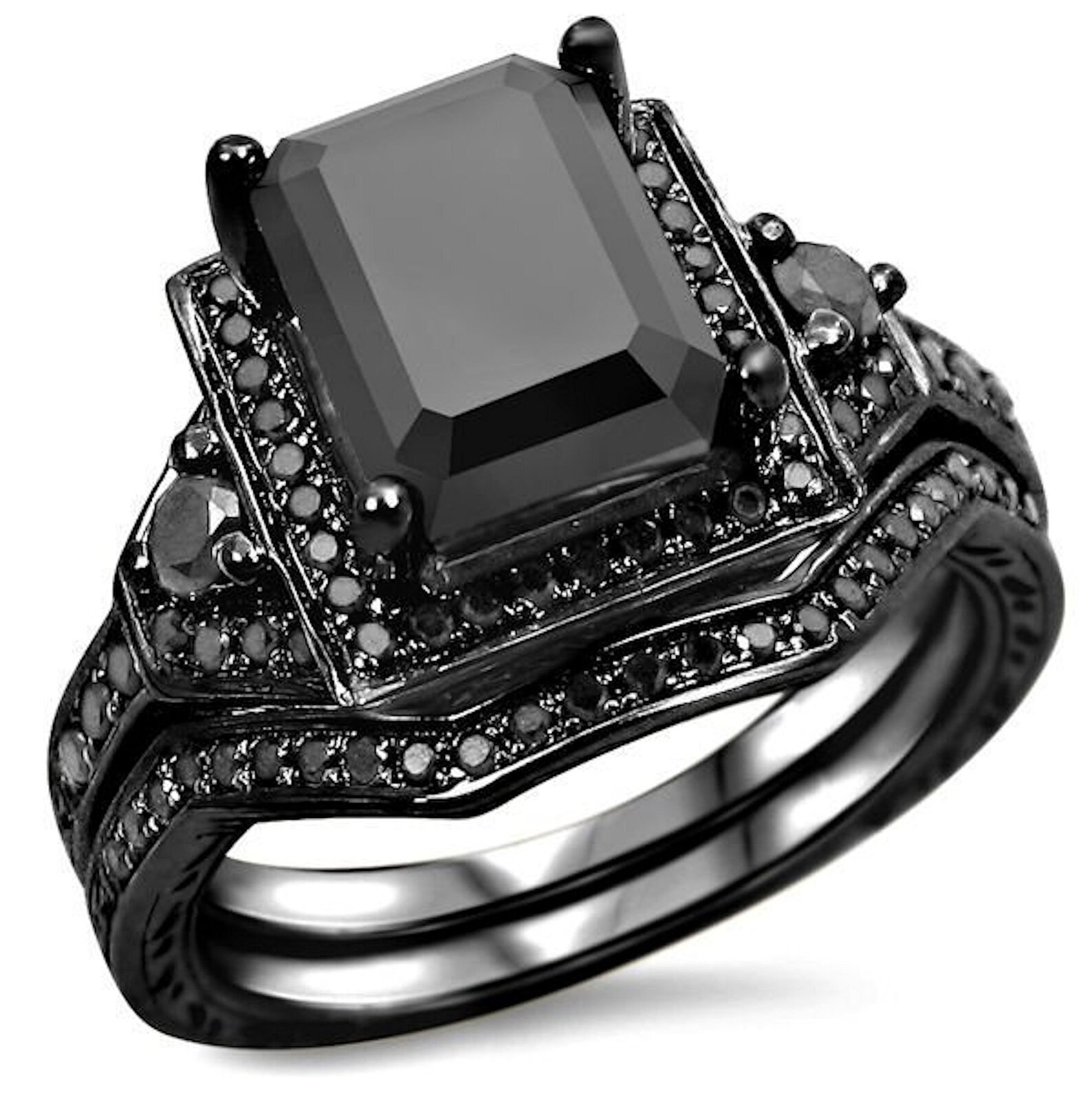 2.40ct Black Emerald Cut Diamond Engagement Ring Bridal Set | Etsy