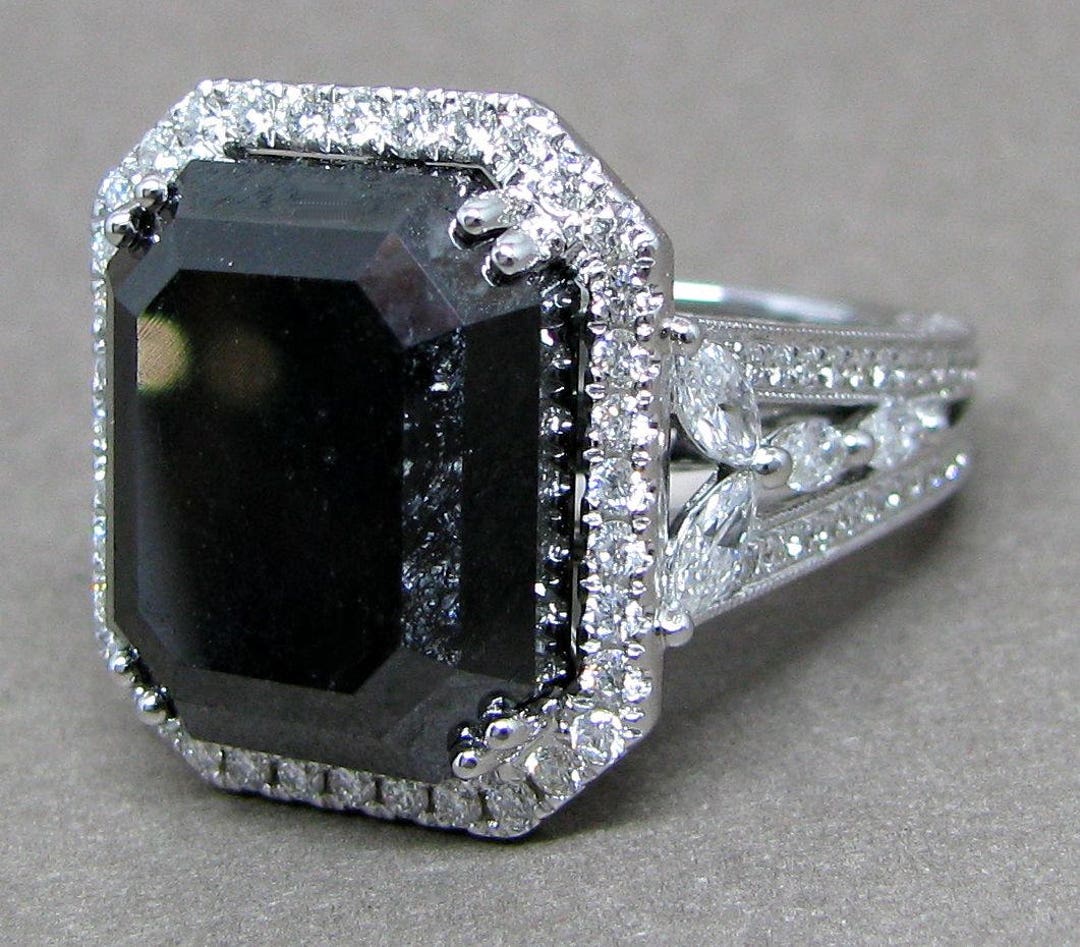 23ct Emerald Cut Black Natural Diamond Halo Engagement Ring - Etsy