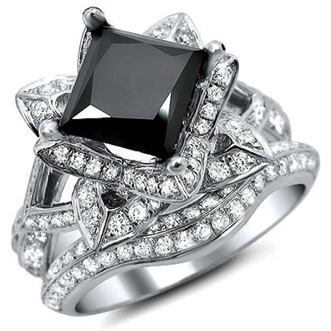 3.05ct Black Princess Cut Diamond Lotus Flower Engagement Ring - Etsy