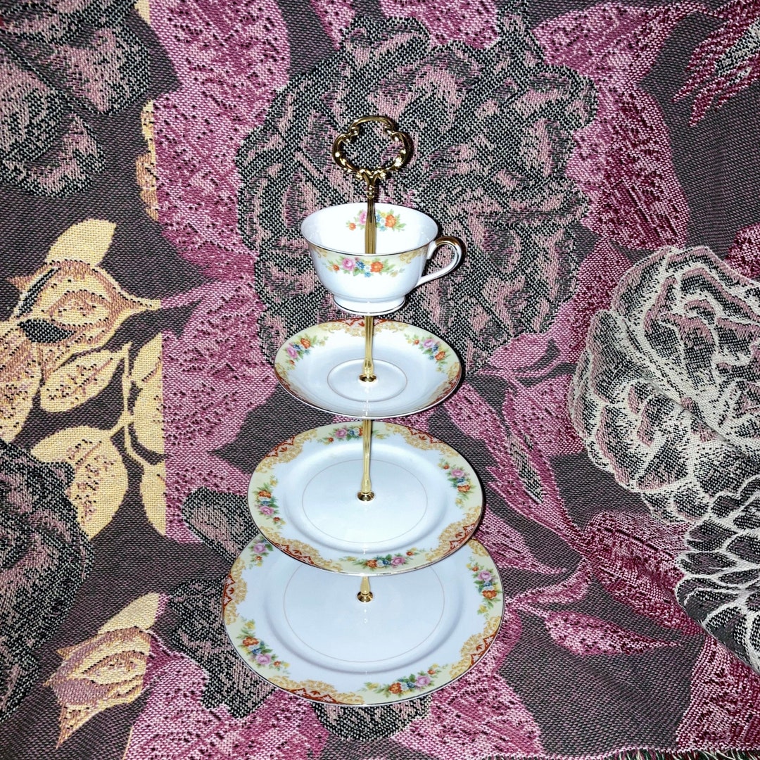 Tiered Cake Stand Cupcake Server Vintage Teacup & Saucer Macaroon ...