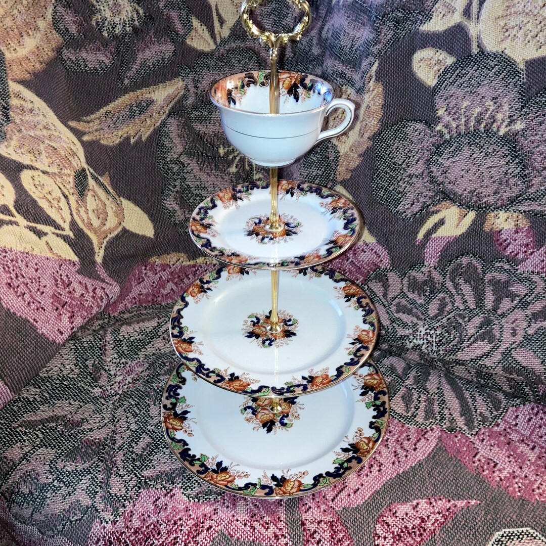 Tiered Cake Stand Cupcake Server Vintage Teacup & Saucer Macaroon ...