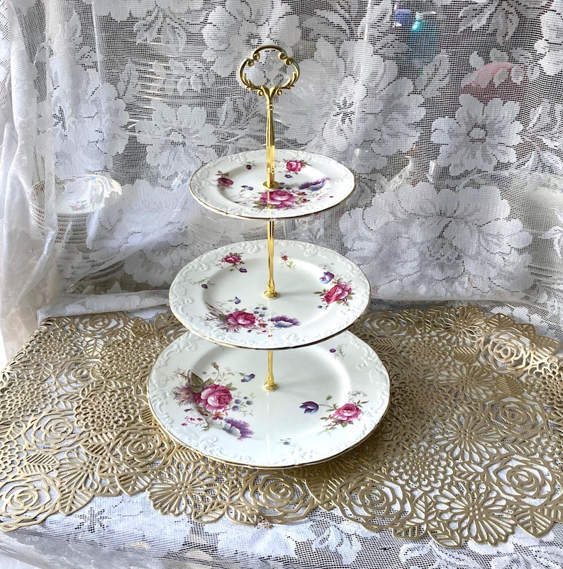 Vintage China Tiered Cake Stand, Tea Party Cupcake Tray, Macaroon ...