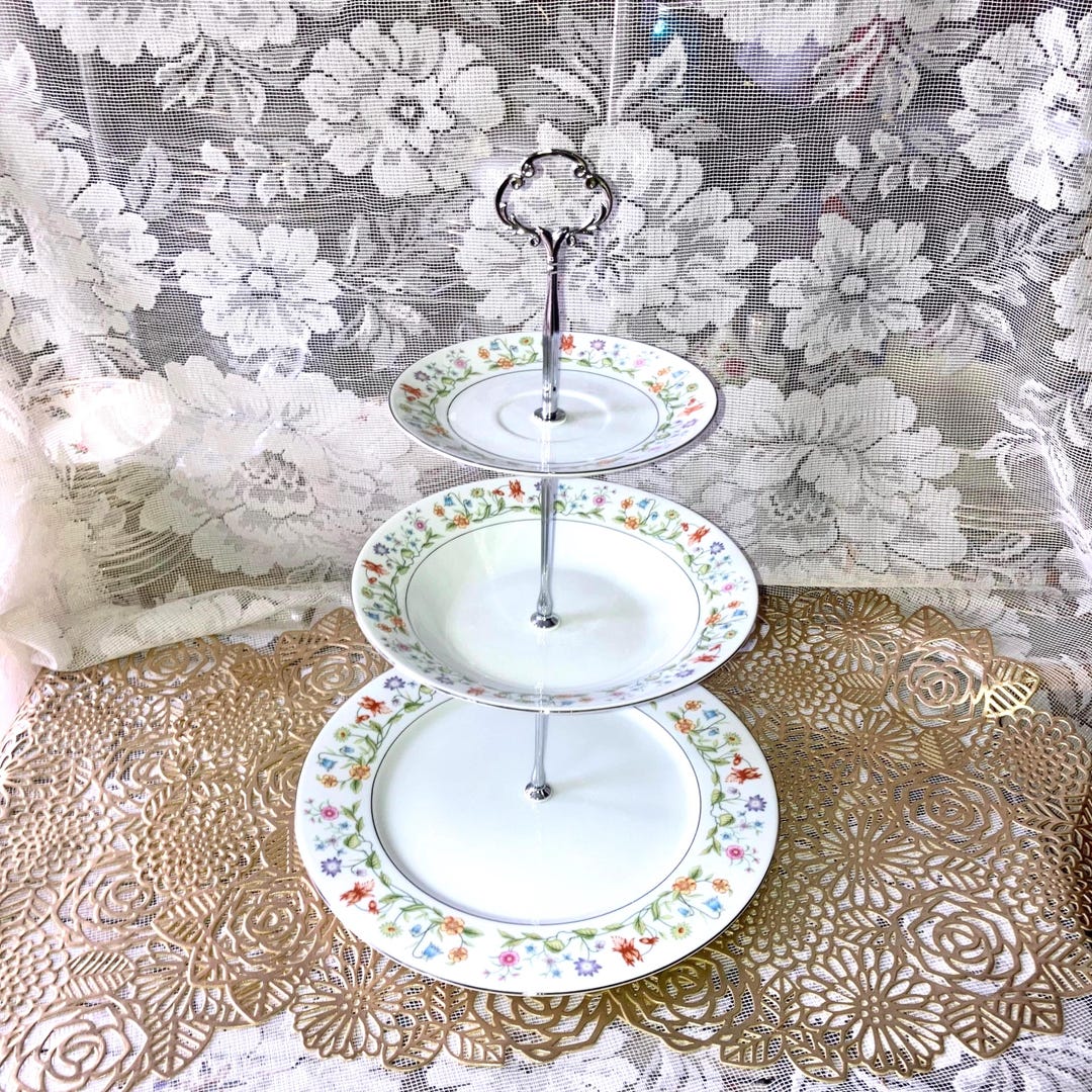 Tiered China Cake Stand: Vintage Floral Cupcake Server - Etsy