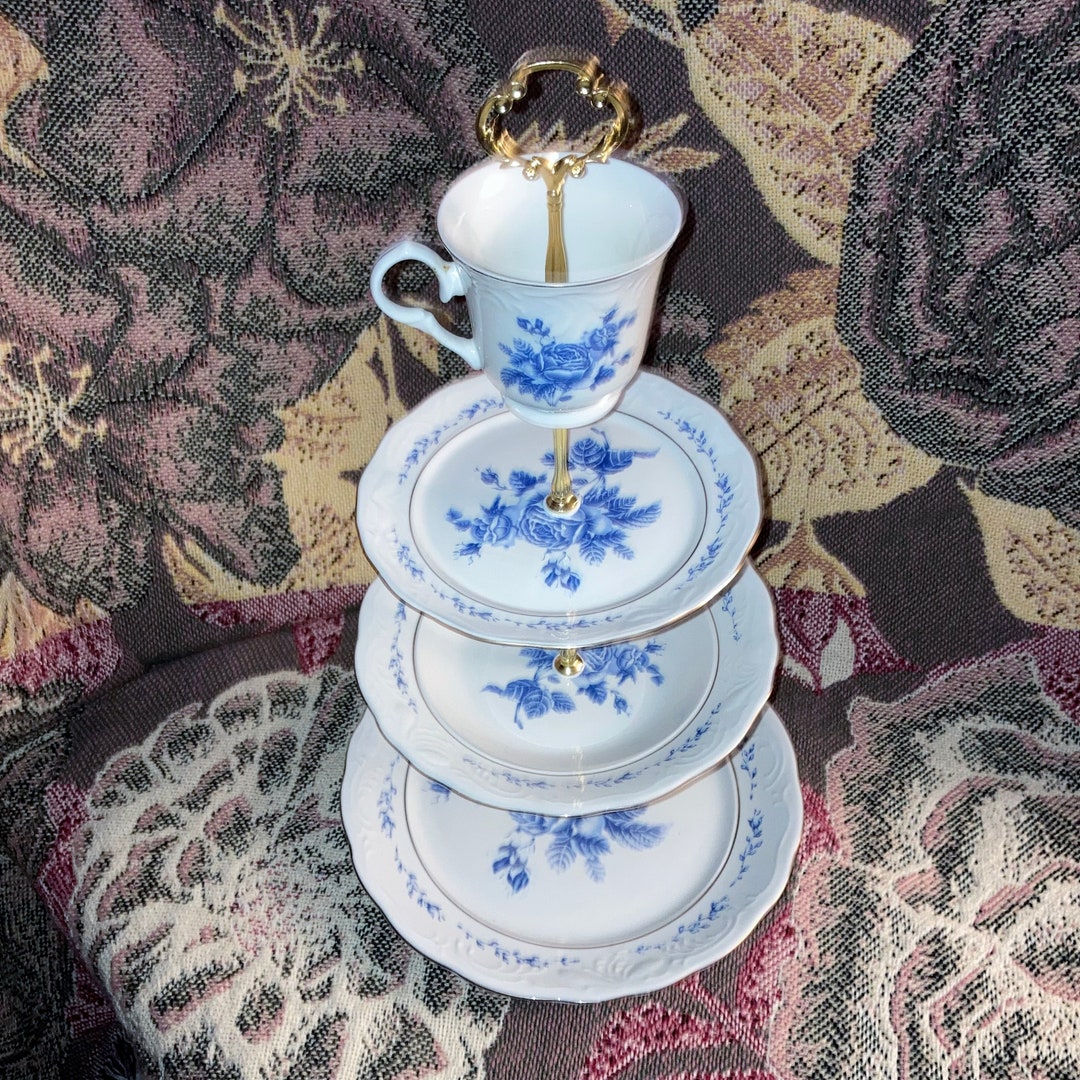 Tiered Cake Stand Cupcake Server Vintage Teacup & Saucer Macaroon ...