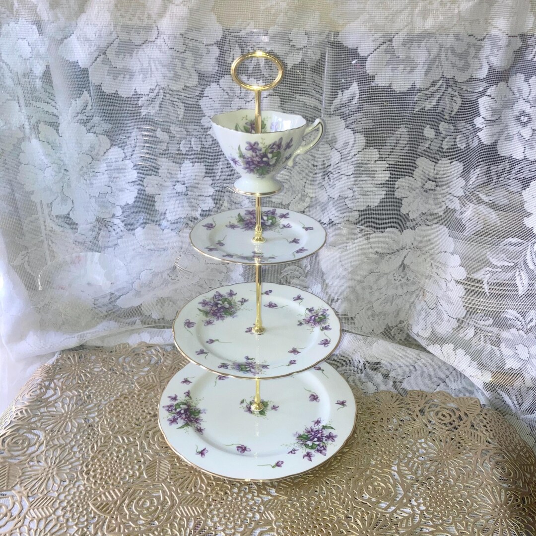 Cake Stand, Cupcake Server, Spring Violets, Vintage Teacup & Saucer ...