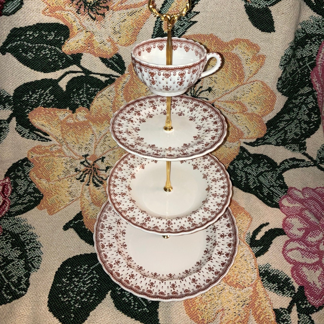 Tiered Cake Stand Cupcake Server Vintage Teacup & Saucer Macaroon ...