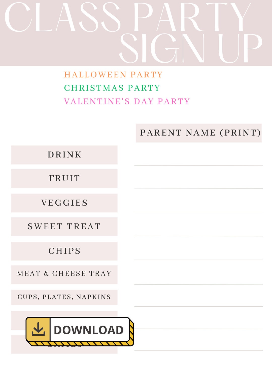 Class Party Sign up Sheet - Etsy