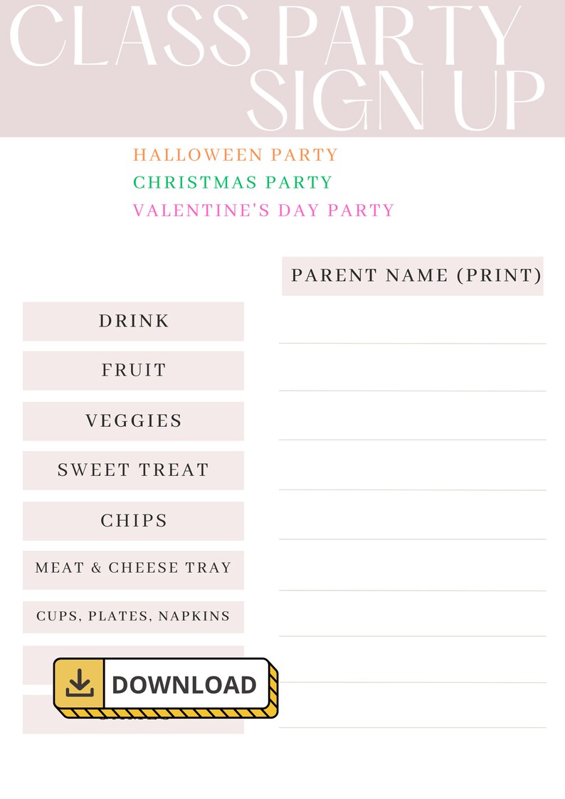 Class Party Sign up Sheet - Etsy