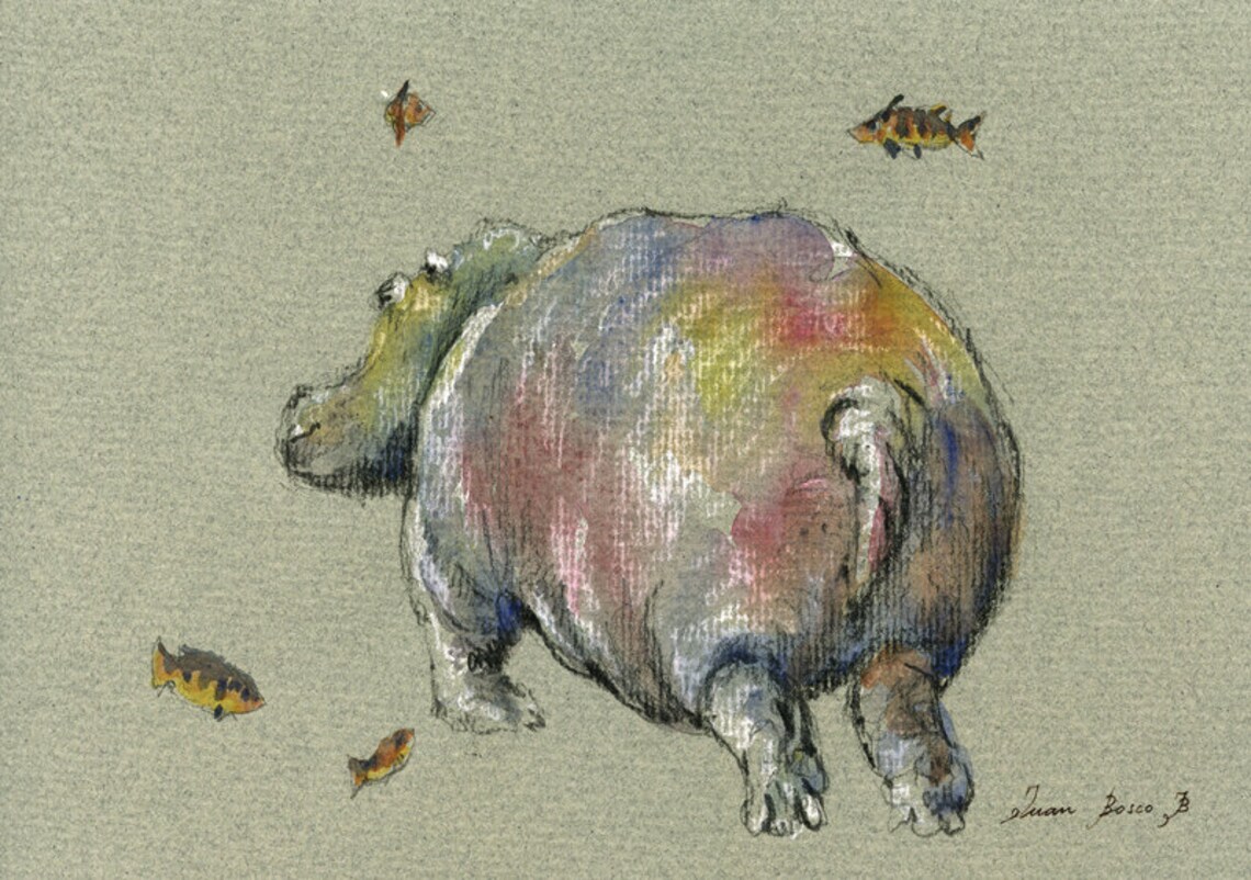 Print-hippo Swimming - Deep Fishes - African Animal Hippo Watercolor ...