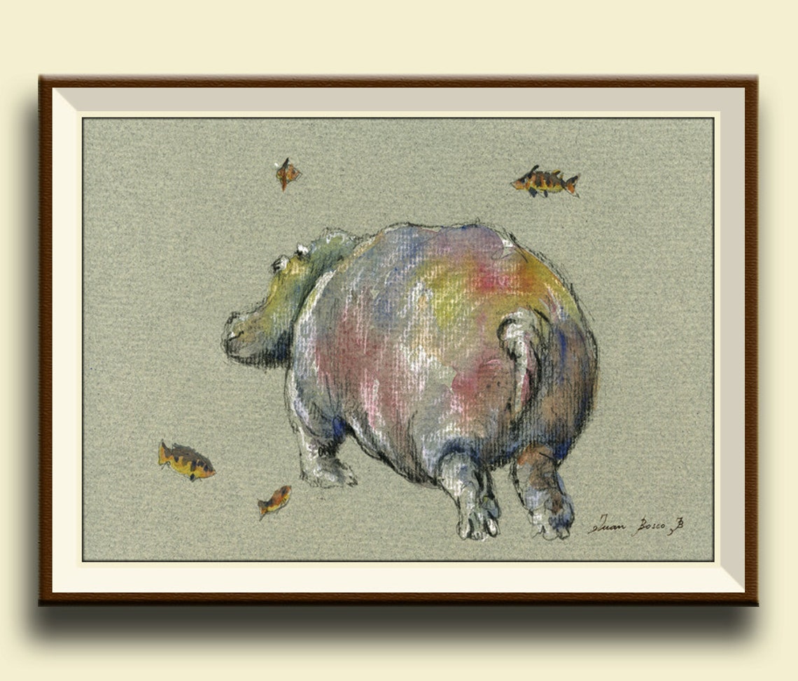 Print-hippo Swimming - Deep Fishes - African Animal Hippo Watercolor ...