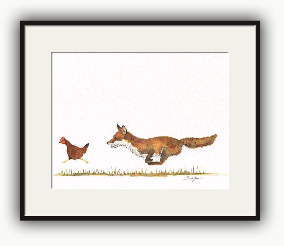 PRINT -red Fox Hunting a Hen Represented on Watercolor Paper, Red Fox ...