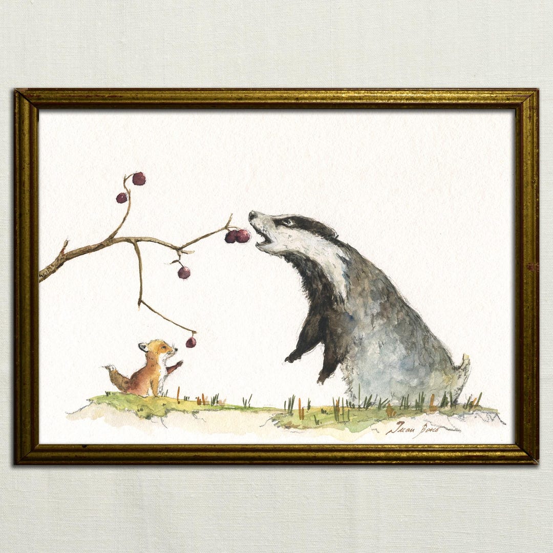 PRINT -wild Badger Eating Berries With a Baby Red Fox Painted on a ...