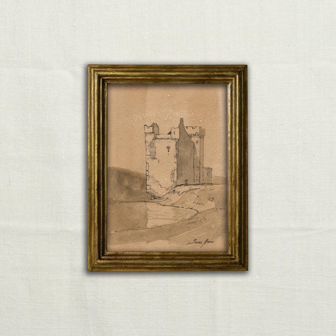 Original, NOT A PRINT - Castle Art, Old Ruins Charcoal Sketch ...