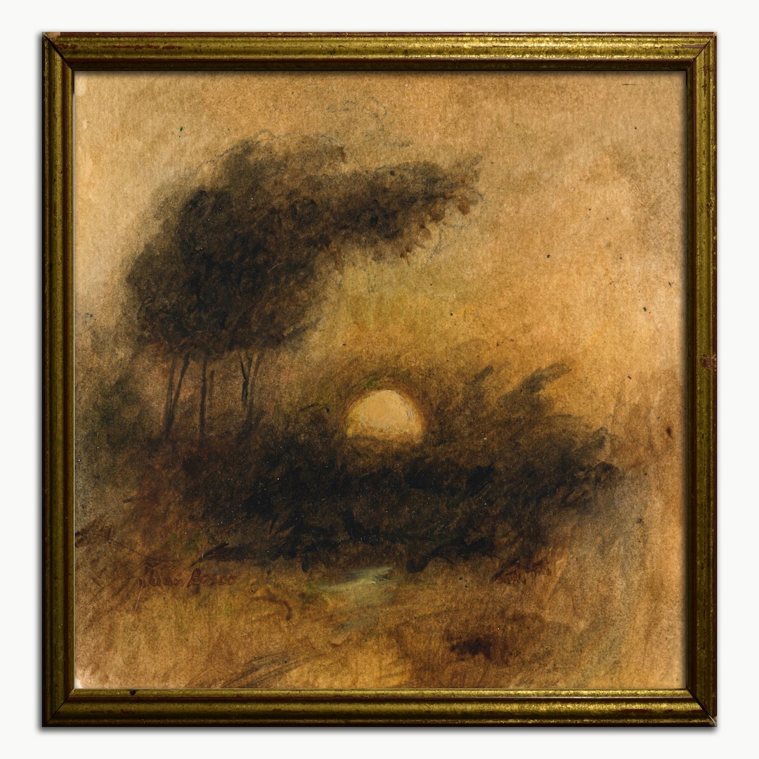 Dark Sunset Oil on Paper Painting, Nightfall Artwork, Dusk Sundown ...