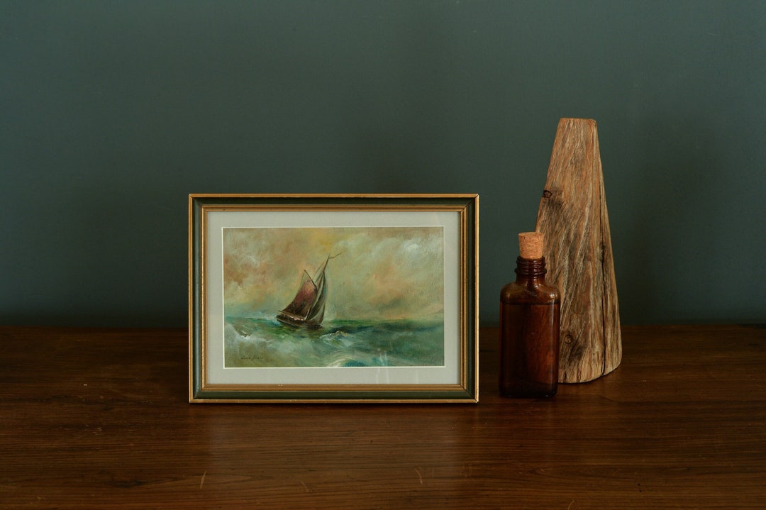 PRINT- Rough Sea Sailing Boat Oil on Wood, Windy Sea Illustration ...