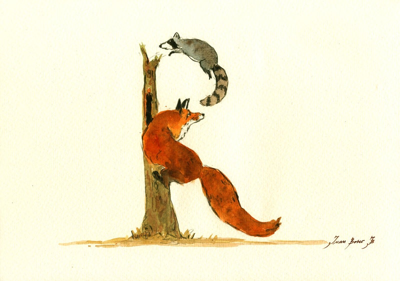 PRINT-Letter R Raccoon and Red Fox Woodland Forest animal | Etsy