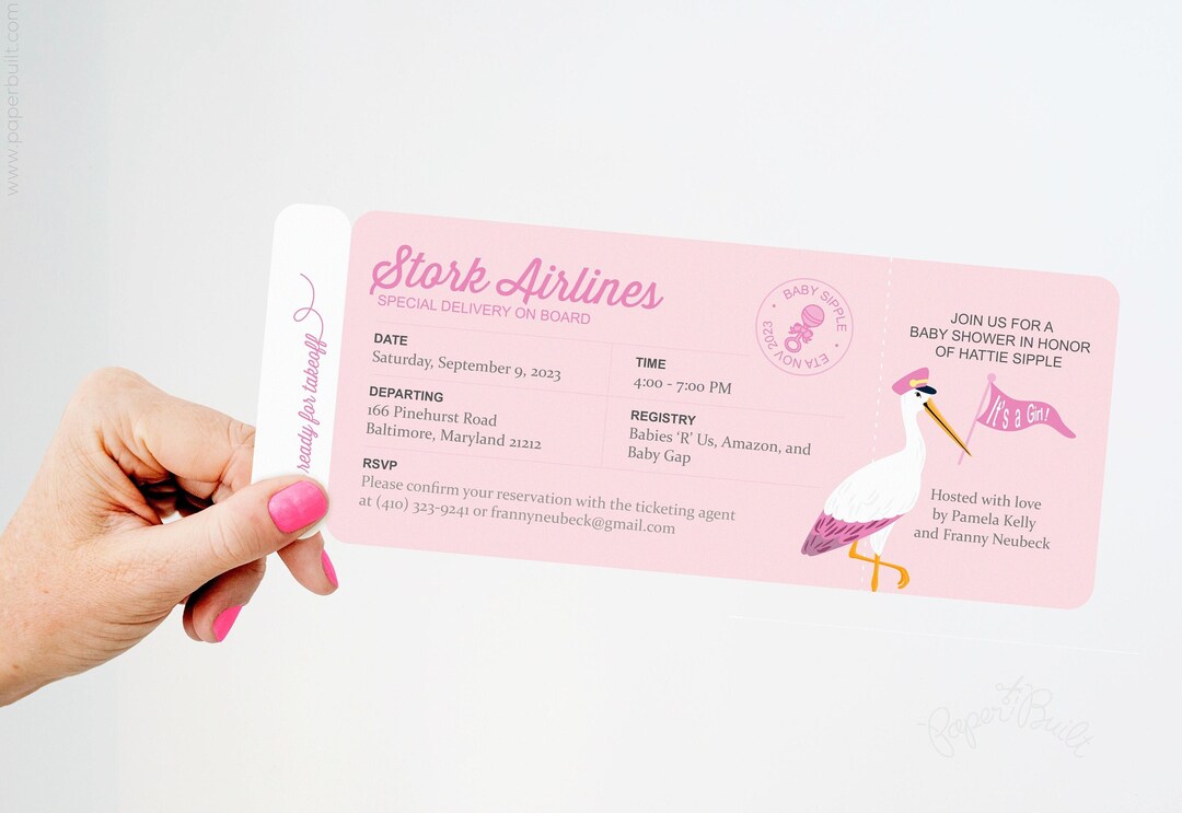 Airplane Baby Shower Ticket Invitation, Airline Ticket Invite, Stork ...