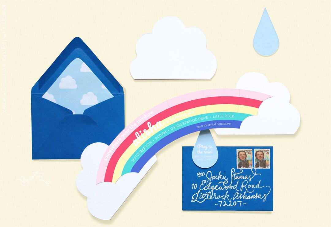 Die-cut Rainbow Birthday Invitation: Cloud & Raindrop Insert - Etsy