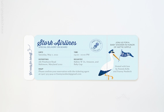 Stork Boarding Pass, Baby Shower Ticket Invitation, Vintage Stork ...