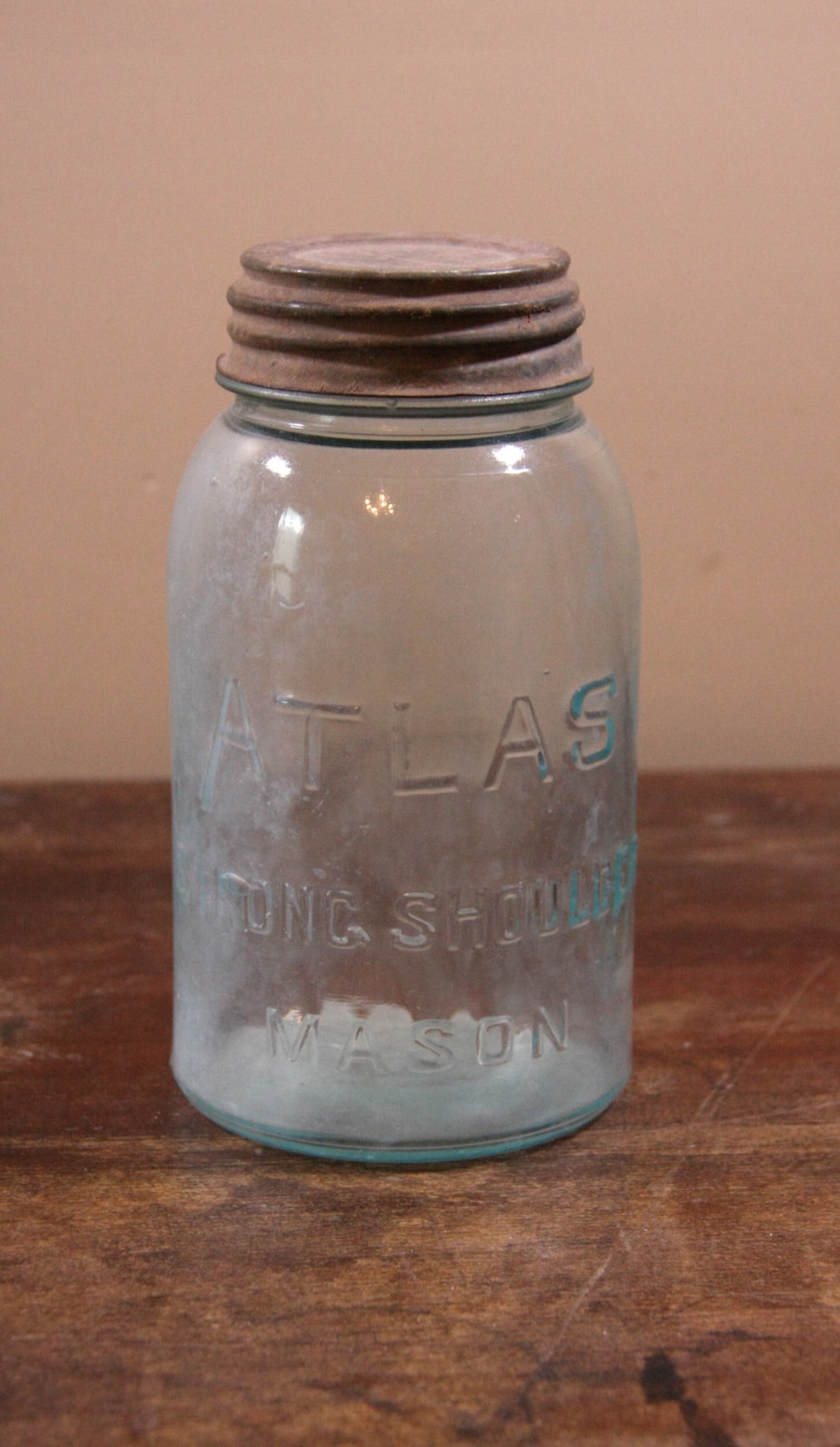 Antique Hand-blown Blue Glass Atlas Strong Shoulder Mason Jar With Zinc ...