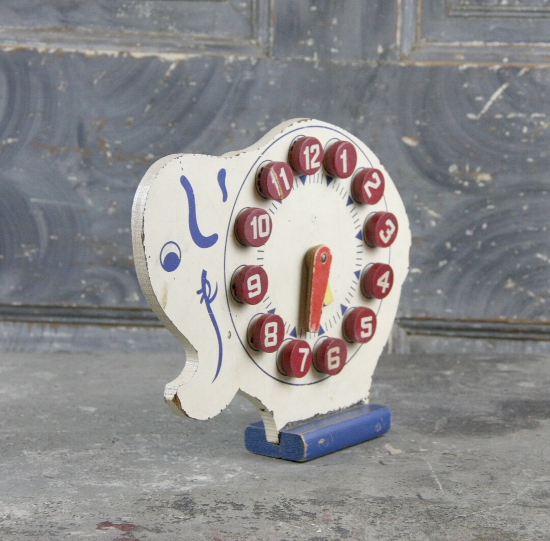 Folk Art, Painted Wood, Elephant Learn to Tell Time and Count Toy ...