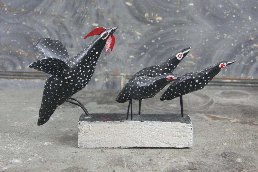 Carved Wood Fanciful Folk Art Flock of Birds, Chickens, Quail, Vintage ...