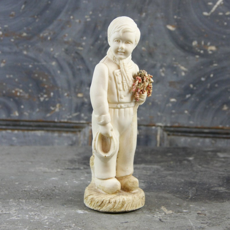 Little Boy Figurine Holding Hat and Realistic Bouquet of Flowers, Matte ...