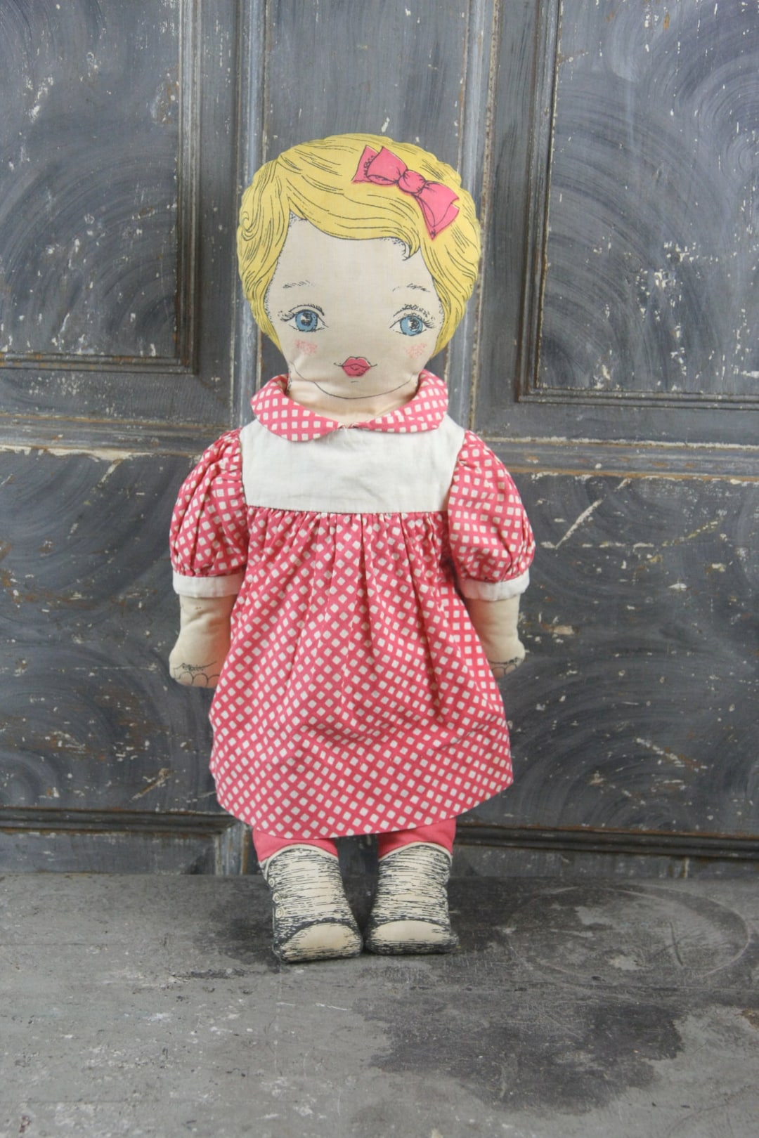 Depression Era Litho Print Folk Art Cloth Doll in Red Gingham Dress ...