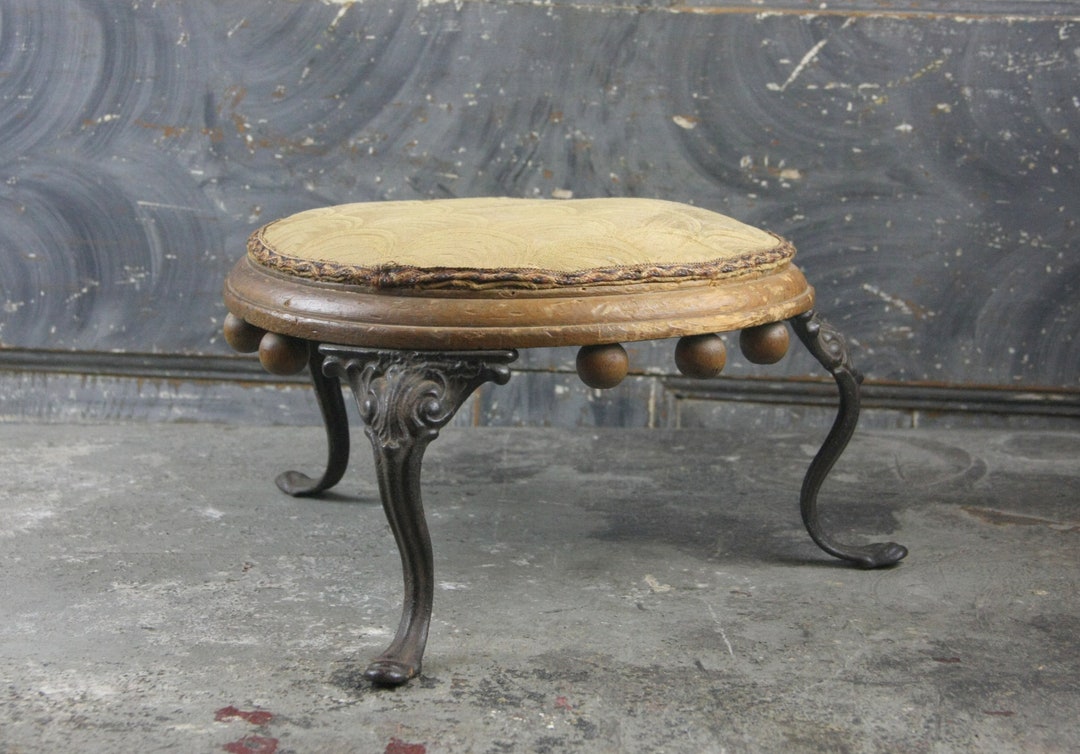 Antique Early American Round Wooden Foot Stool With Iron Legs and Gold ...